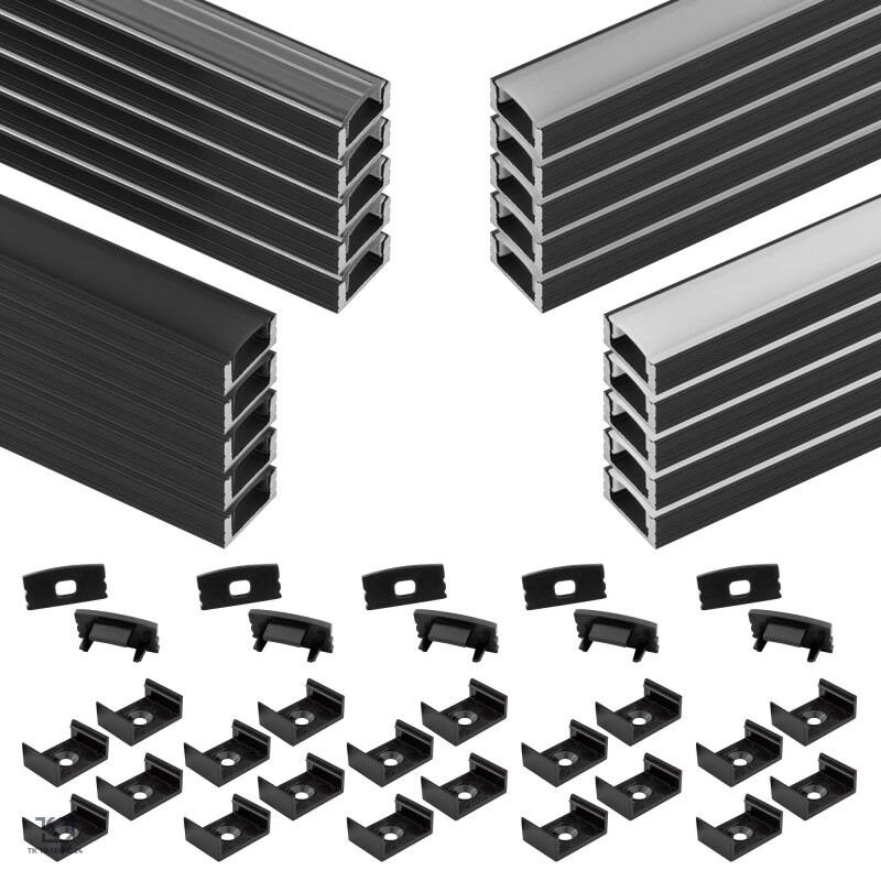 5x A17 LED Profil 2m - Schwarz inkl. Abdeckung, Halter & Endkappen, 49,97